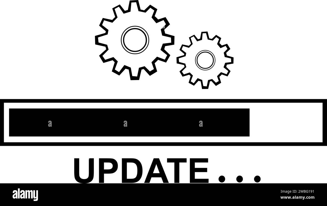 vector illustration system update black icon with gears turning and progress bar software Stock ...