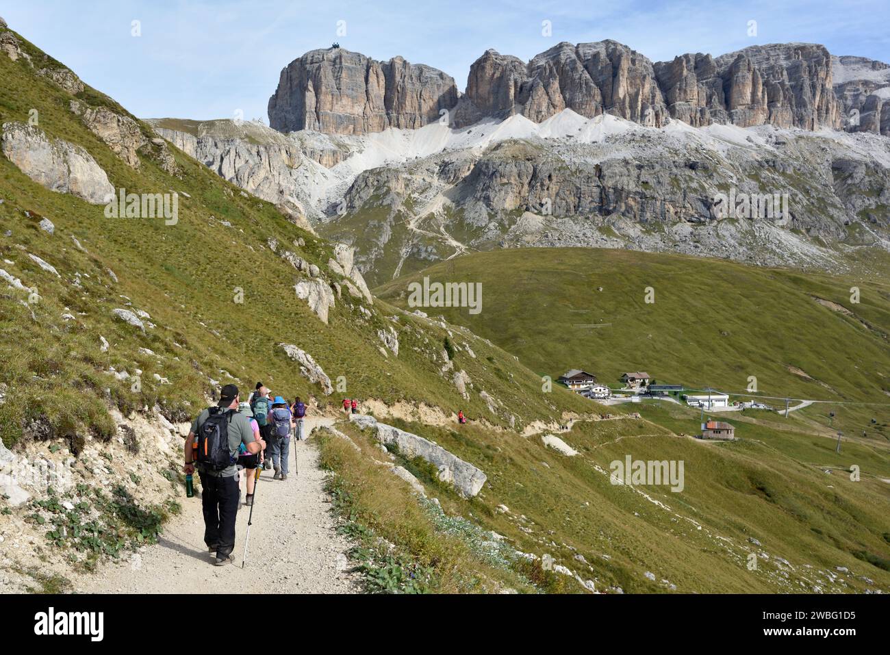 Hiking in the Col Rodella range of the Dolomite Mountains, Italy Stock ...