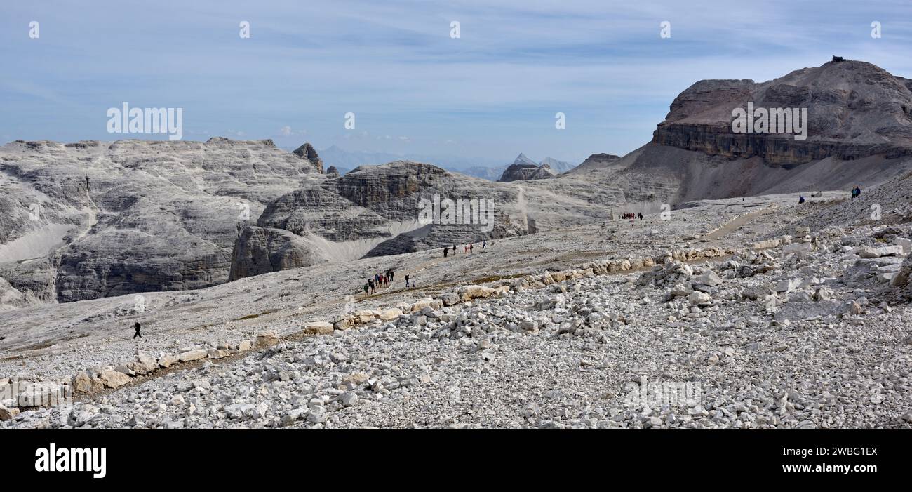 Hiking in the Col Rodella range of the Dolomite Mountains, Italy Stock ...