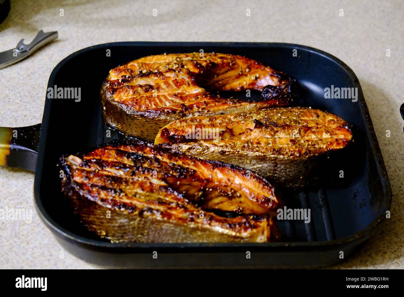 Grilled red fish, Grilled salmon steak , top view, fish steaks on the ...
