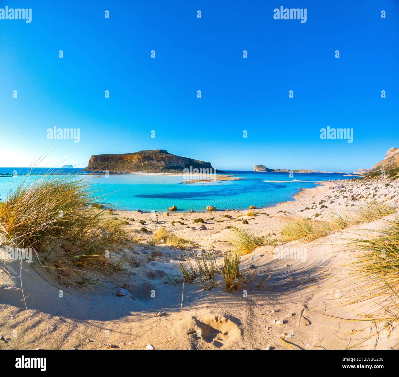 View of the amazing beach of Balos, with a family playing on the ...