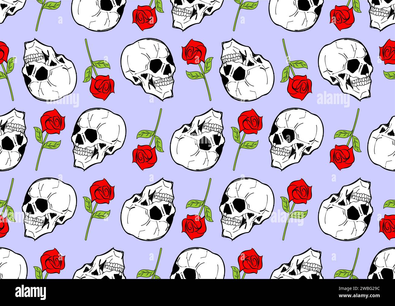Skull with rose pattern seamless. Skeleton head and flower background ...