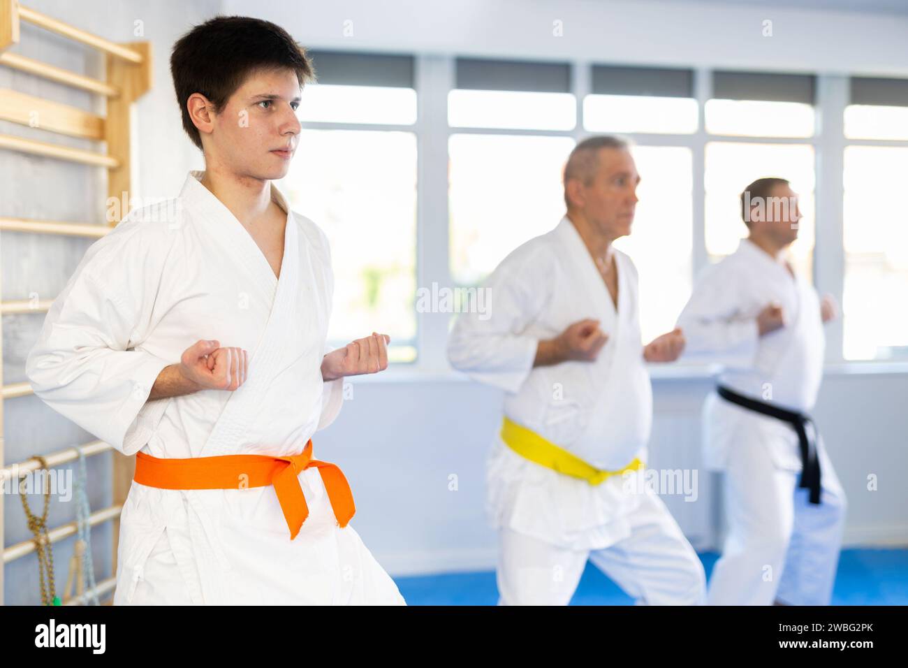 Fighting stance of men of different ages during group karate training ...