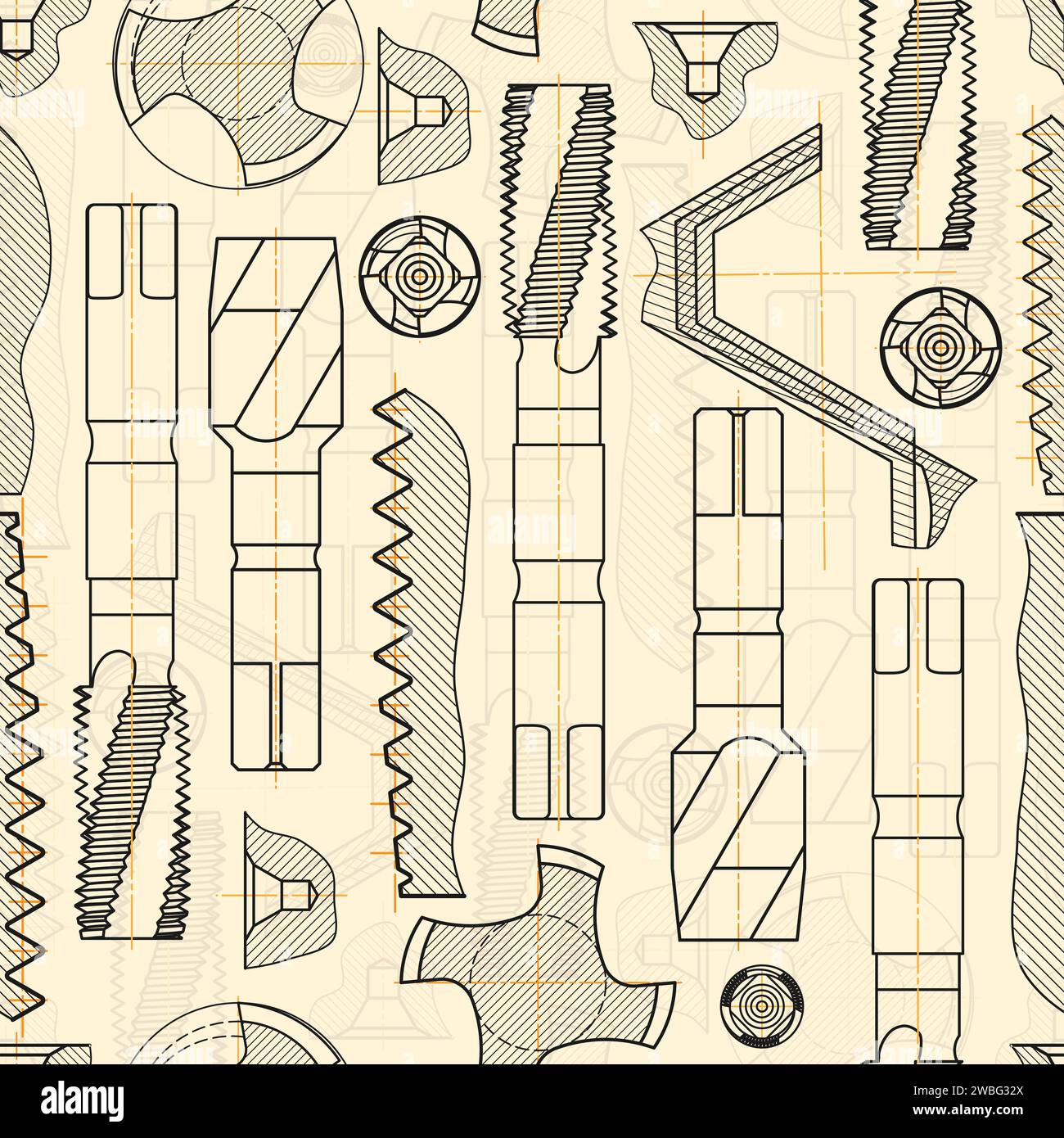 Mechanical engineering drawings on sepia background. Tap tools, borer ...