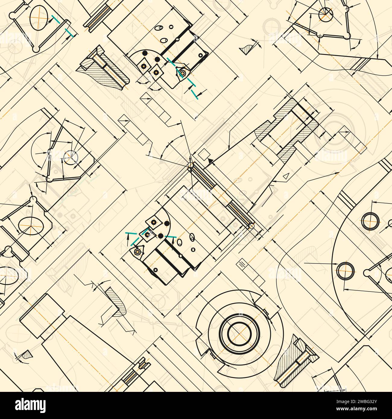 Mechanical engineering drawings on sepia background. Tap tools, borer ...