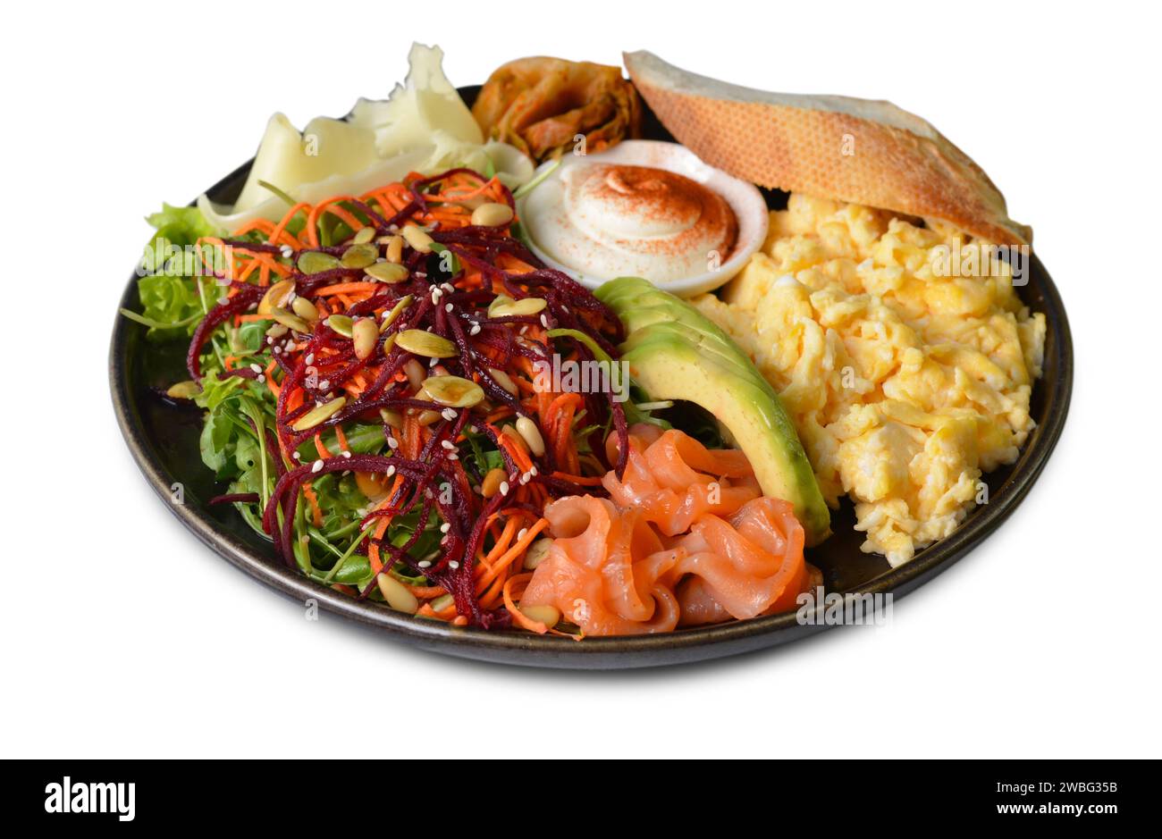 Healthy Breakfast with Salmon, Scrambled Eggs, Avocado, Vegetable Salad ...