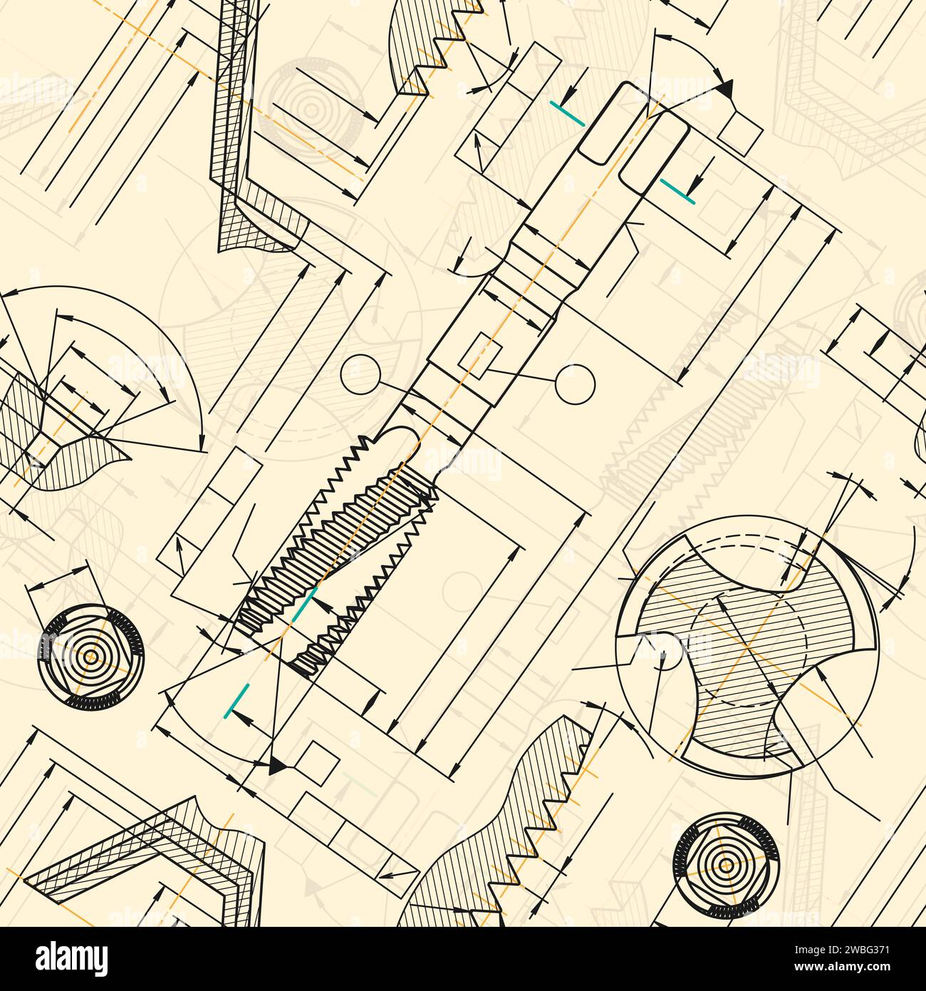 Mechanical engineering drawings on sepia background. Tap tools, borer ...
