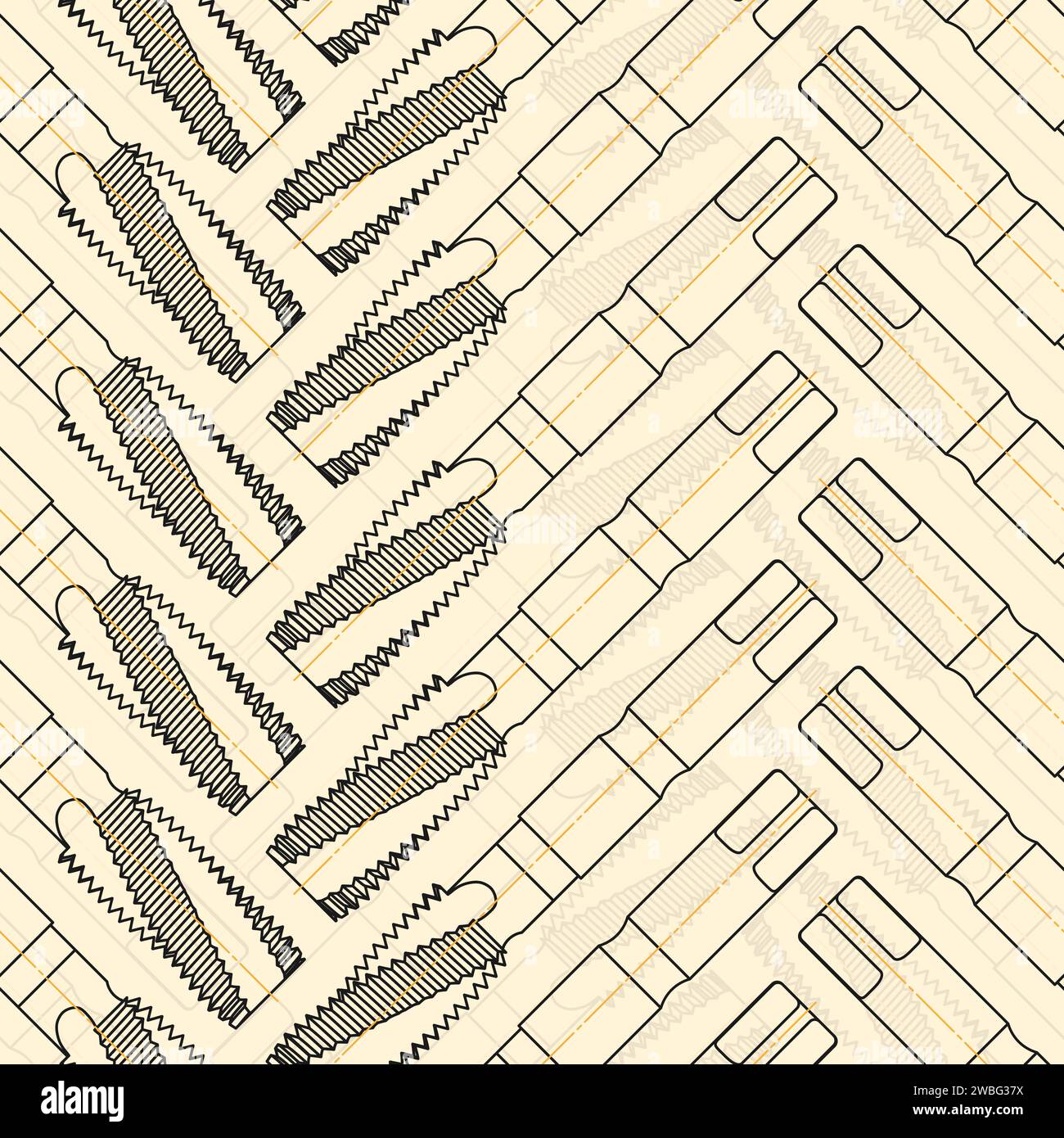Mechanical engineering drawings on sepia background. Tap tools, borer ...