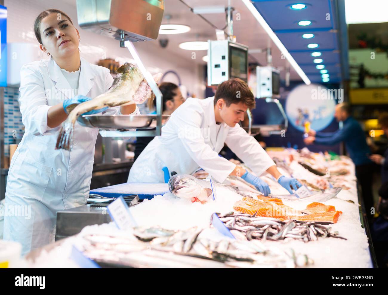 Female seller in fish department of supermarket weighs atlantic cod ...