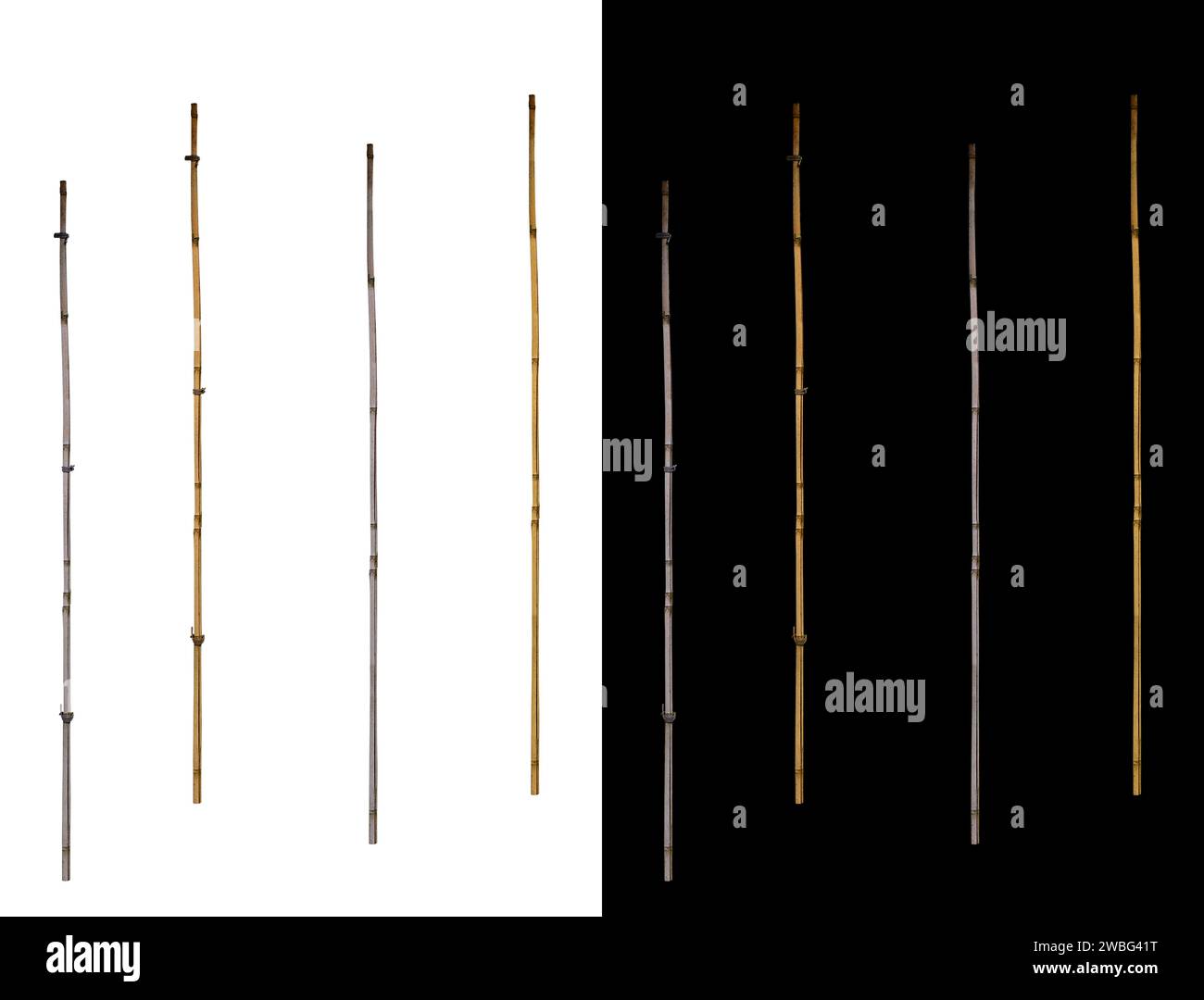 Used supports for small trees made of bamboo poles on isolated white ...