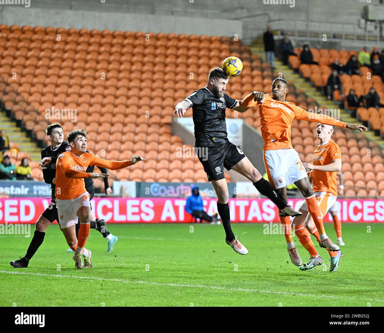Blackpool, UK. 10th Jan, 2024. Ryan Sweeney of Burton Albion heads the ...