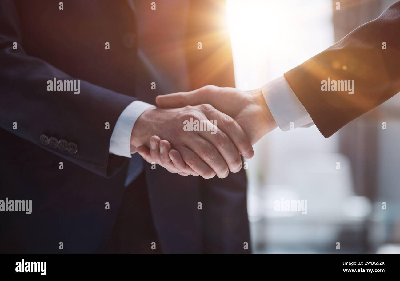 Hand shake man a in hallway for welcome, collaboration or business ...