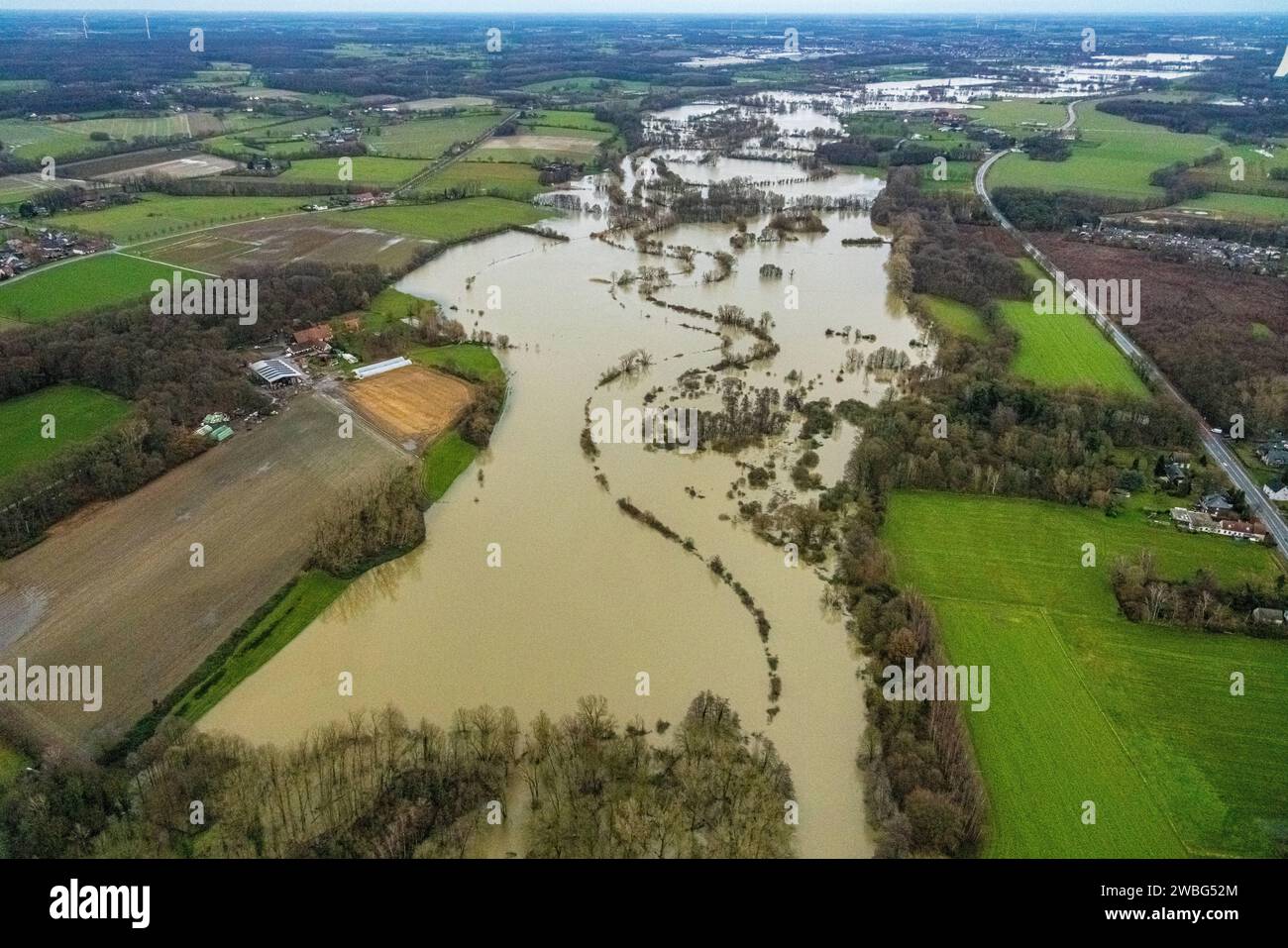 Luftbild vom Hochwasser der Lippe, Weihnachtshochwasser 2023, Fluss ...