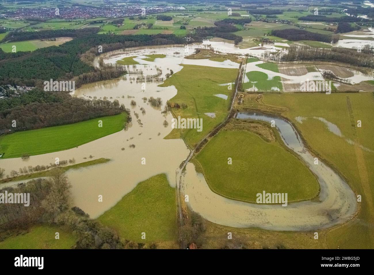 Luftbild vom Hochwasser der Lippe, Weihnachtshochwasser 2023, Fluss ...