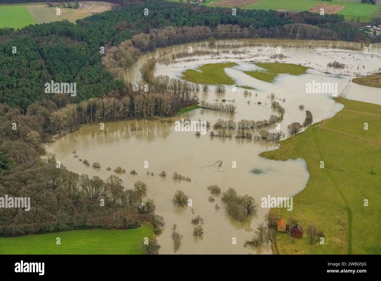 Luftbild vom Hochwasser der Lippe, Weihnachtshochwasser 2023, Fluss ...