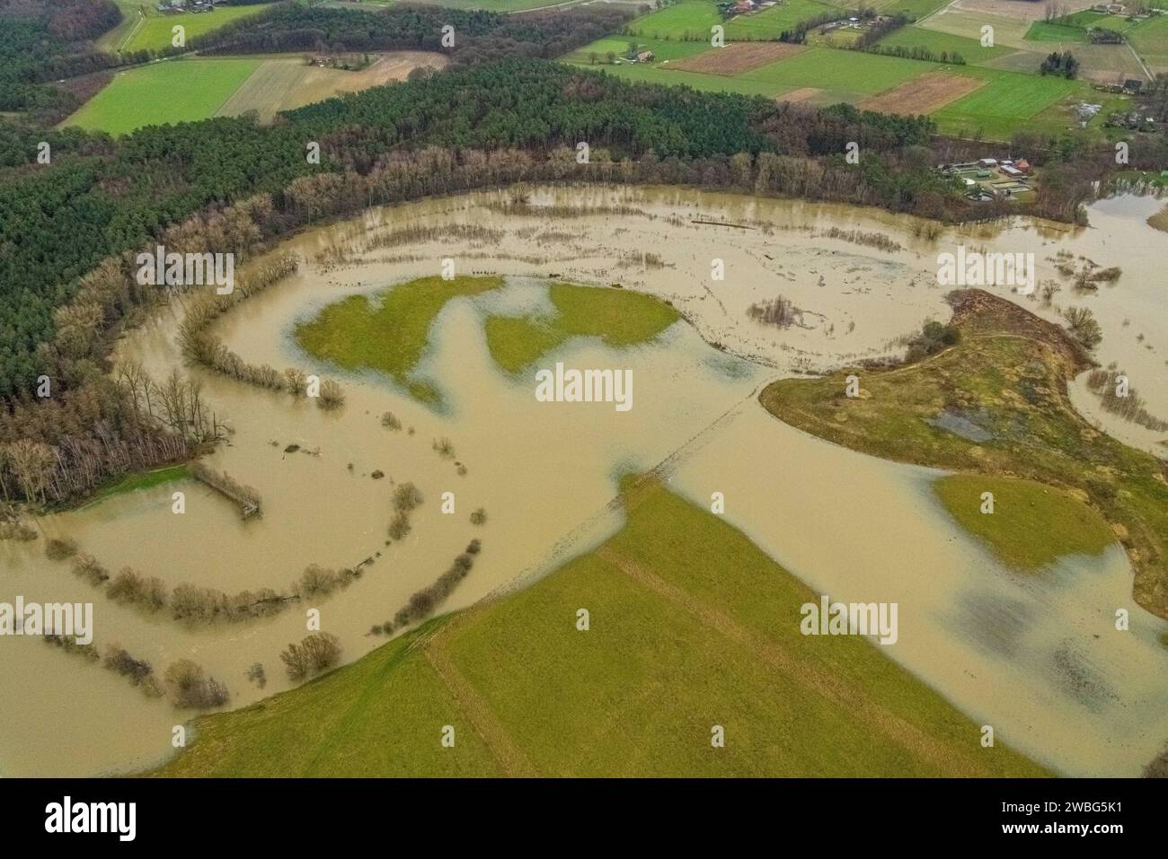 Luftbild vom Hochwasser der Lippe, Weihnachtshochwasser 2023, Fluss ...