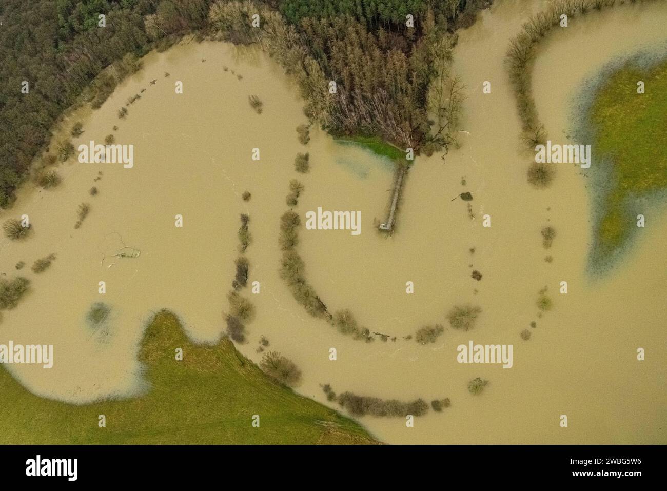Luftbild vom Hochwasser der Lippe, Weihnachtshochwasser 2023, Fluss ...