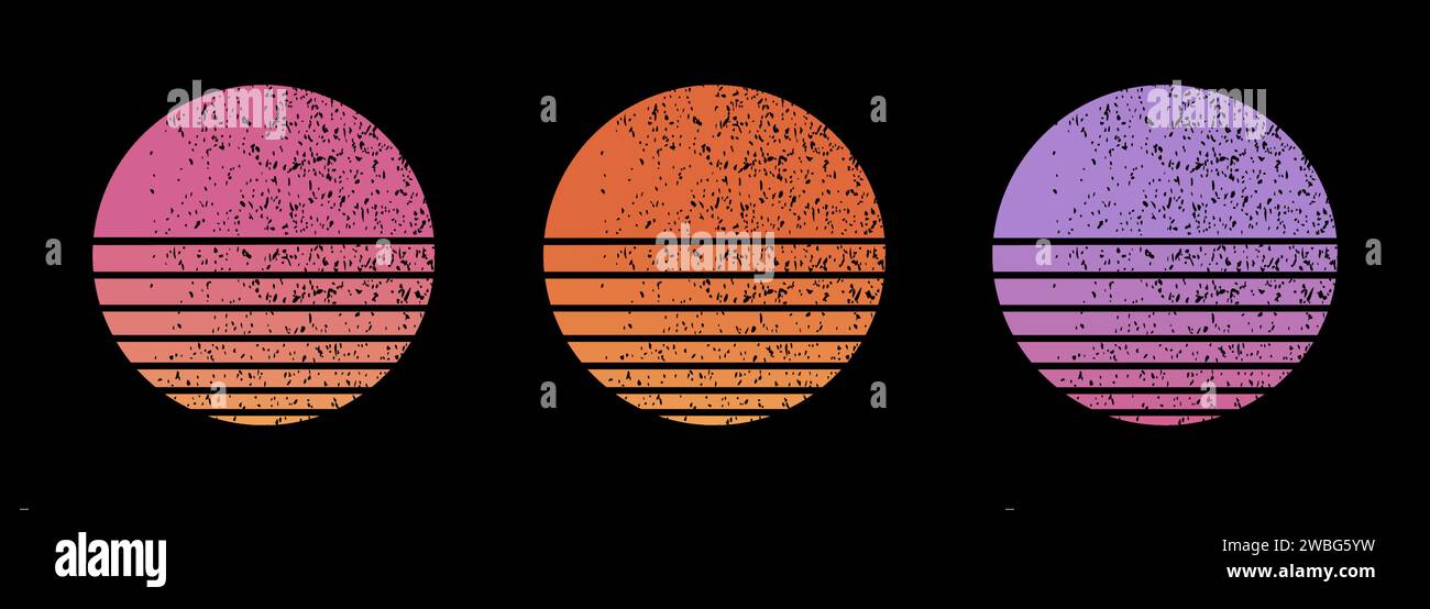 Retro grunge sunset collection. Vector 80s vintage circle sun set ...