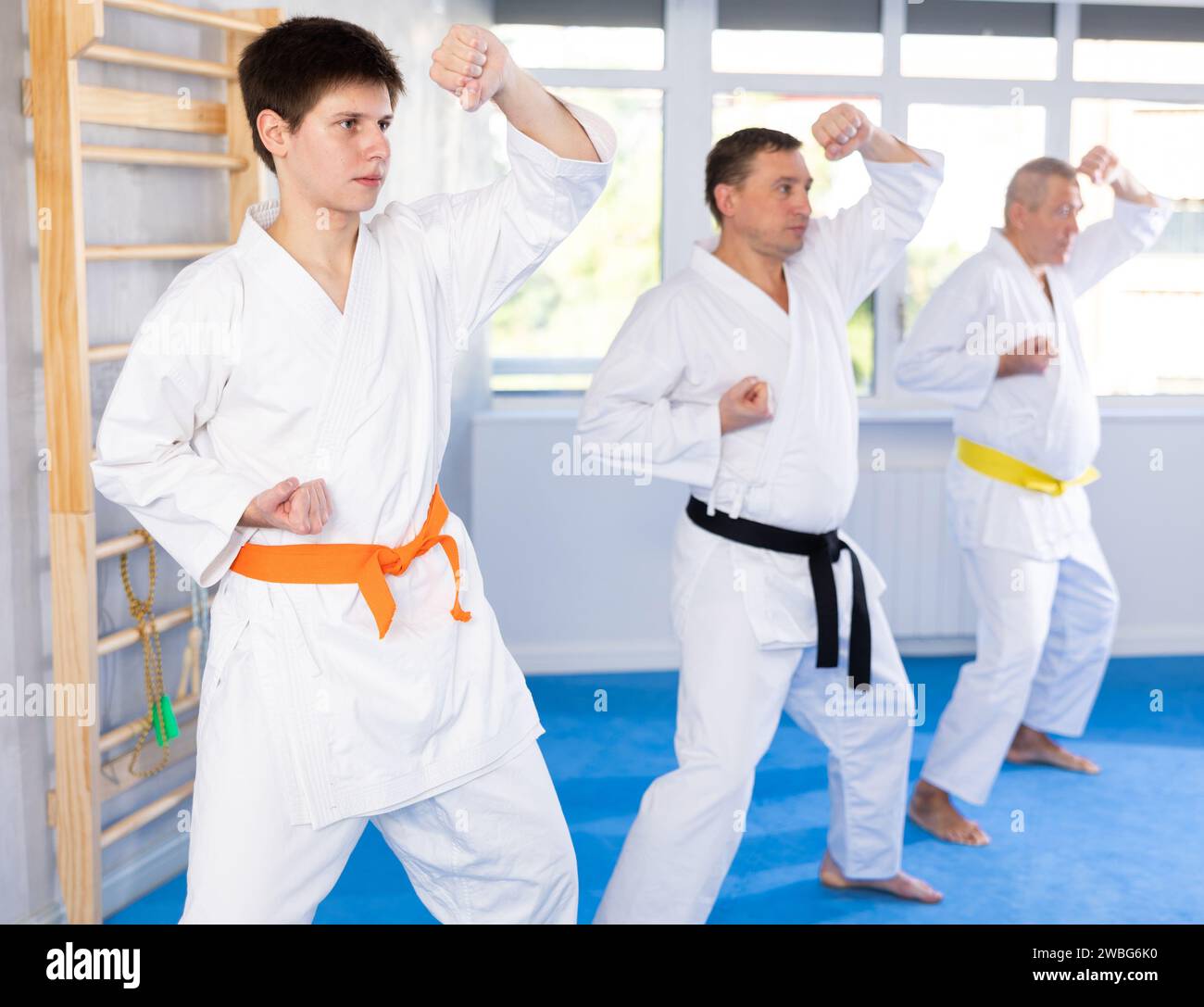 Young judo fighter in kimono practicing punches durig kata with group ...