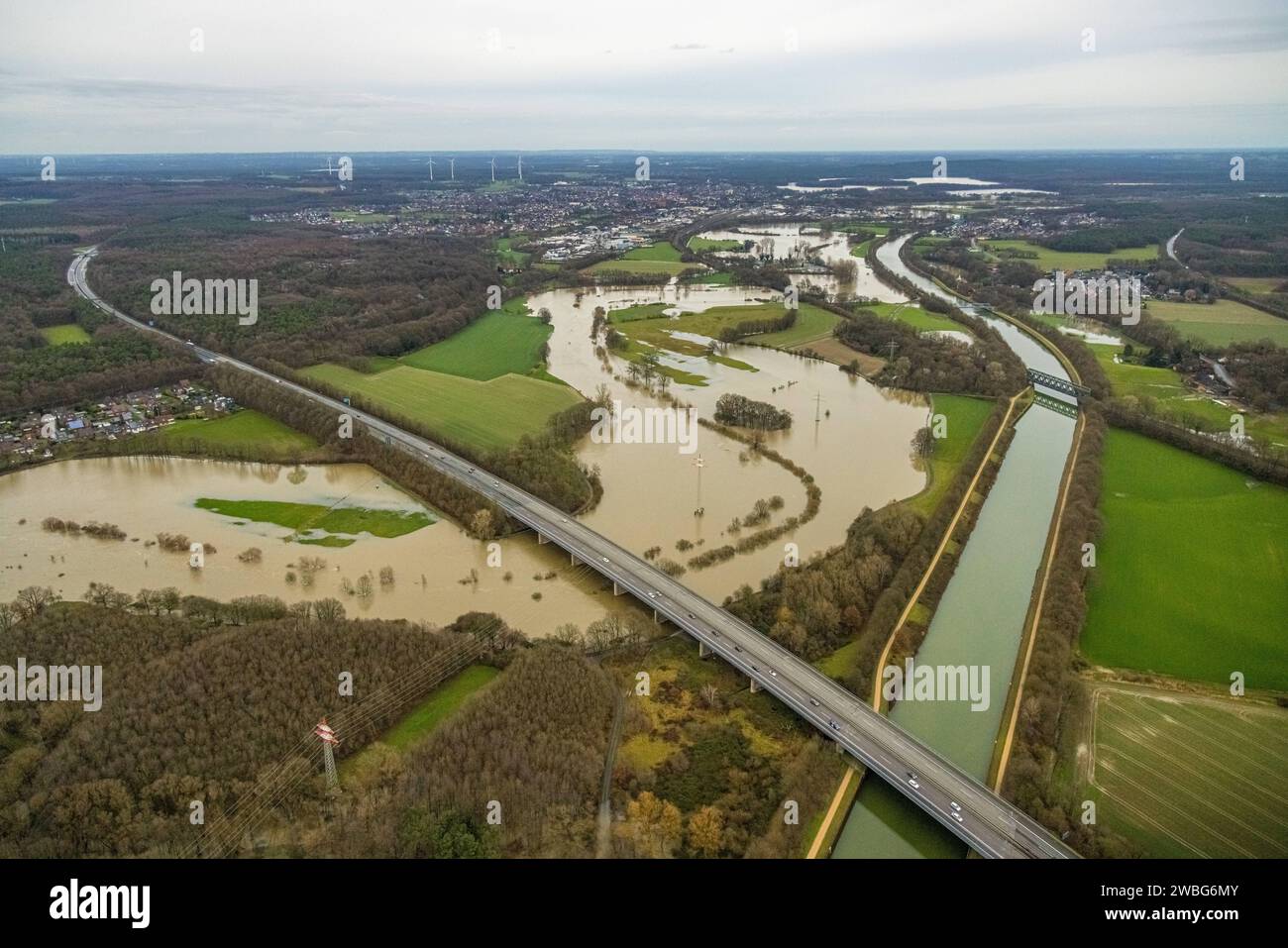 Luftbild vom Hochwasser der Lippe, Weihnachtshochwasser 2023, Fluss ...