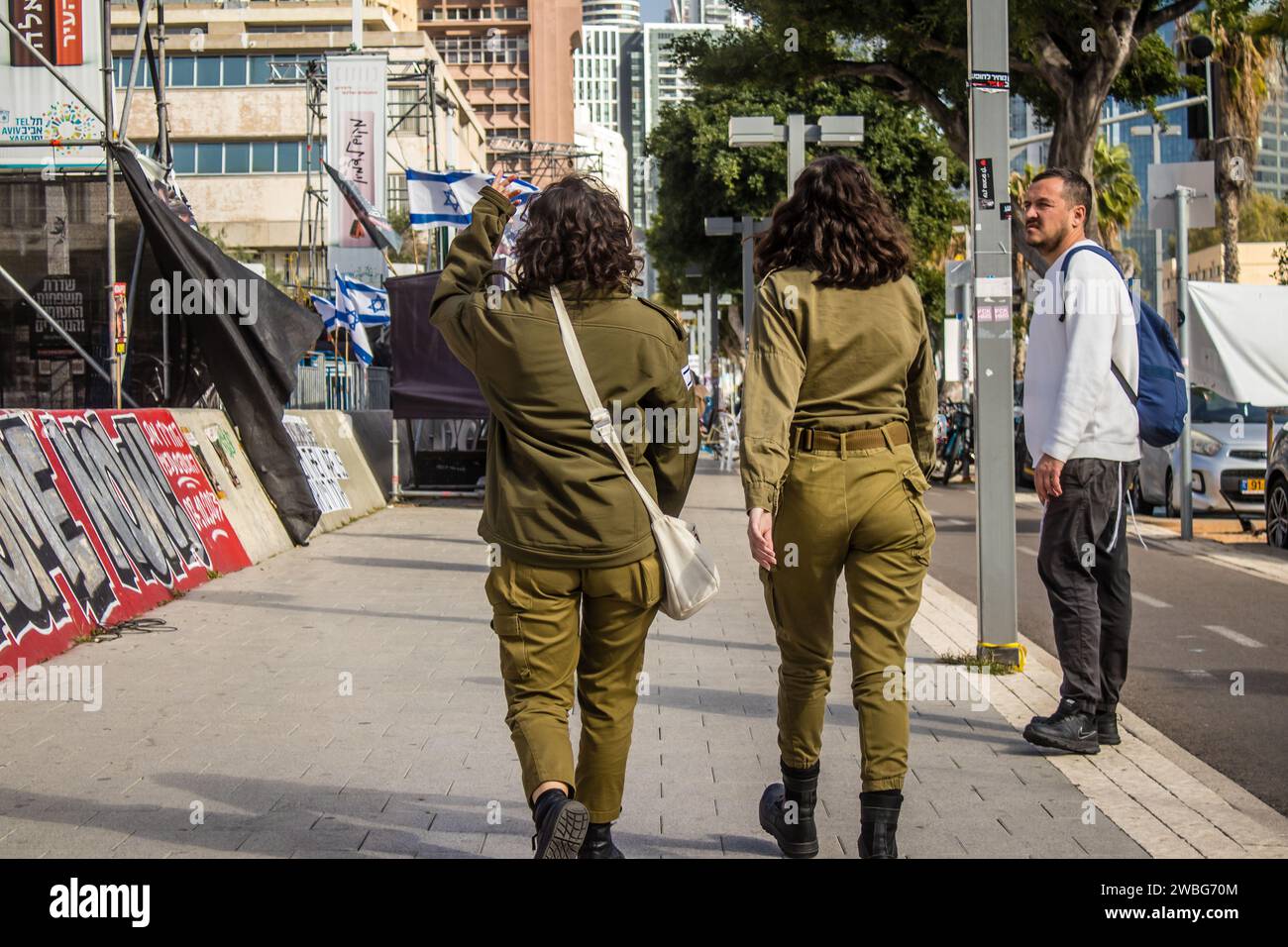 Tel Aviv, Israel - January 10, 2024 Israeli soldiers walking in the ...