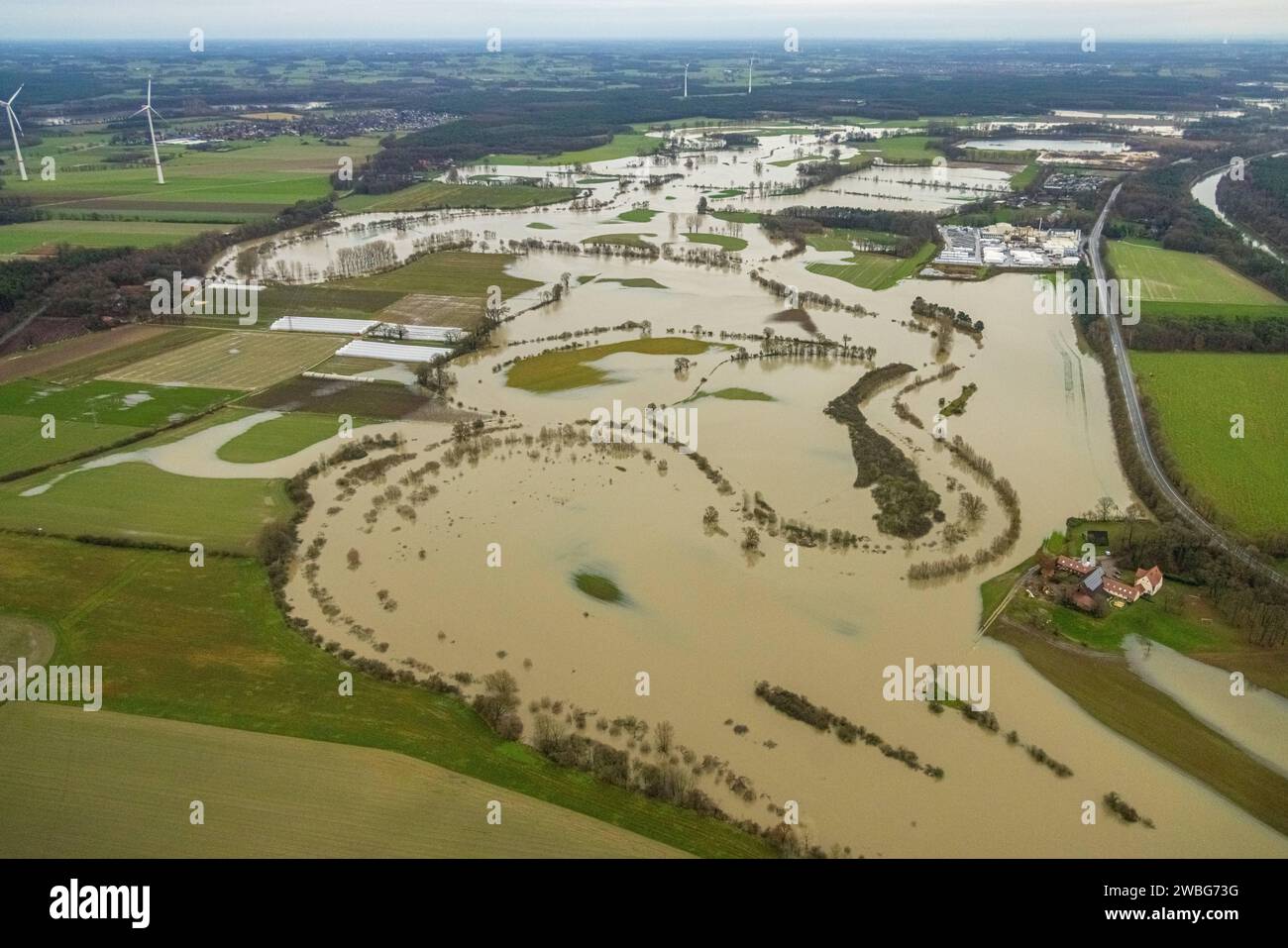 Luftbild vom Hochwasser der Lippe, Weihnachtshochwasser 2023, Fluss ...