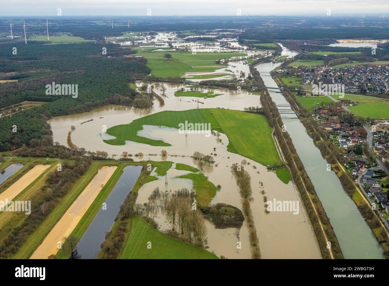 Luftbild vom Hochwasser der Lippe, Weihnachtshochwasser 2023, Fluss ...