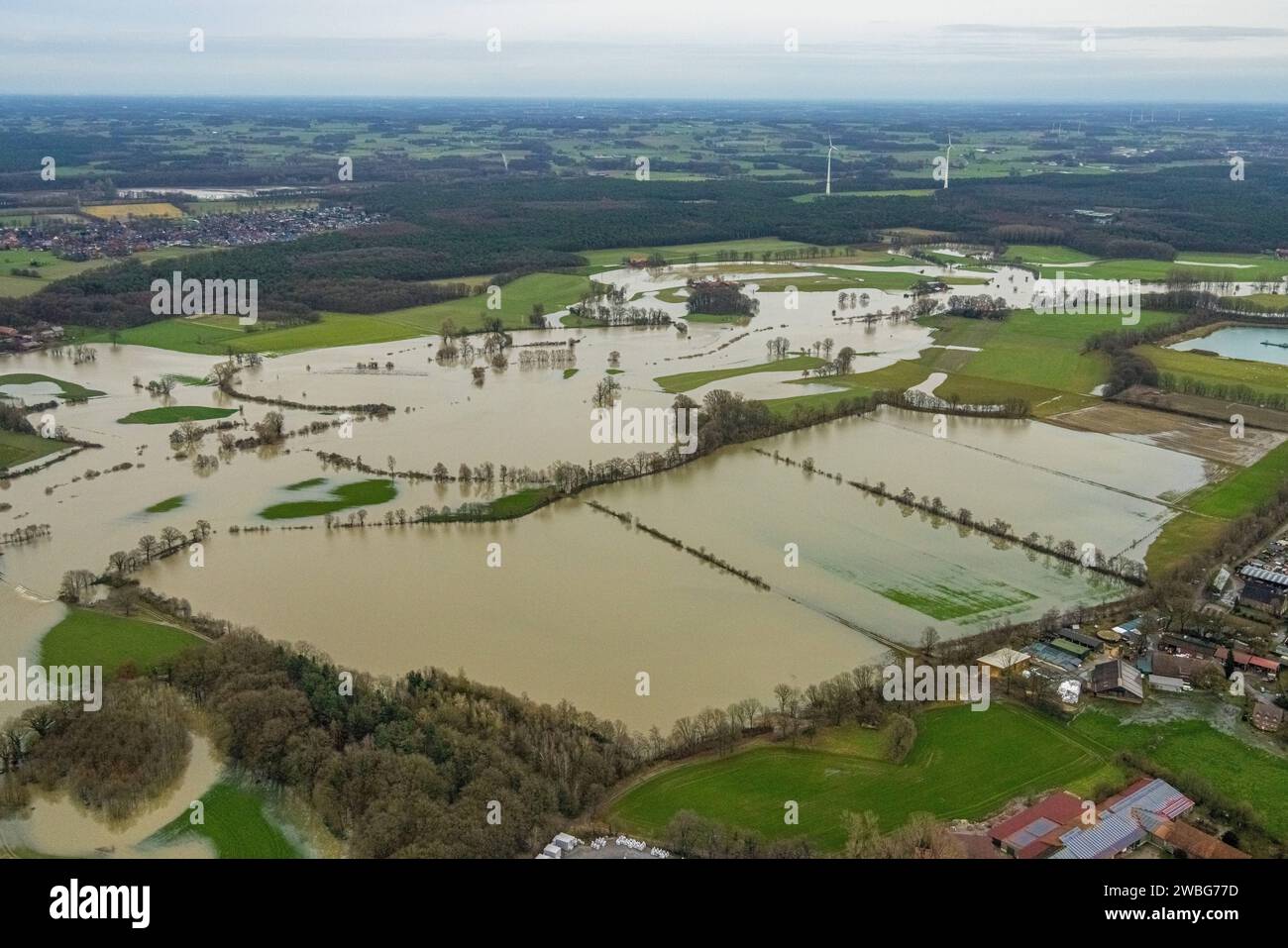 Luftbild vom Hochwasser der Lippe, Weihnachtshochwasser 2023, Fluss ...