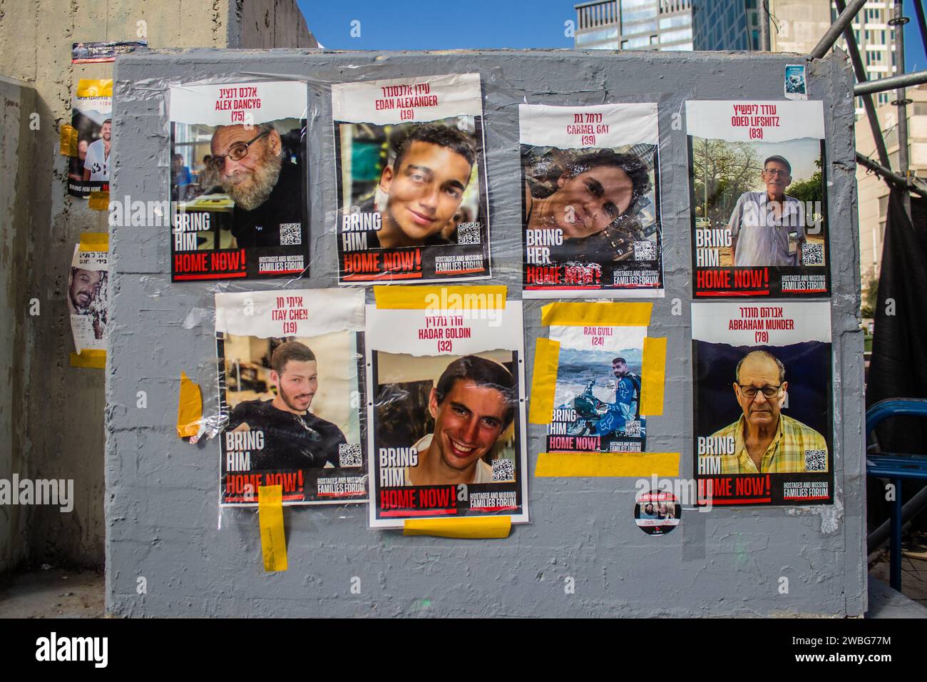 Tel Aviv, Israel - January 10, 2024 Posters of the face of the hostages ...