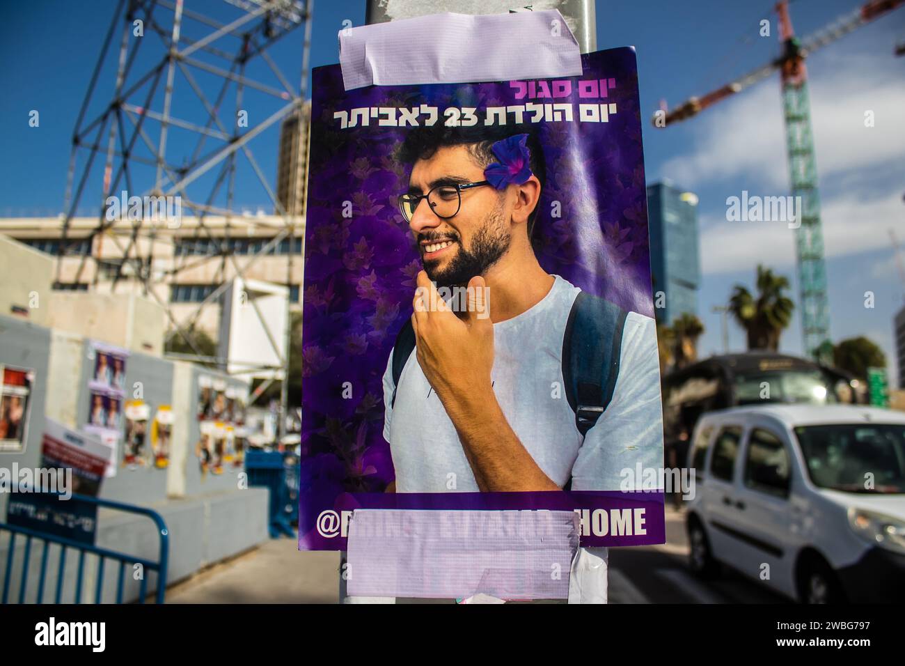 Tel Aviv, Israel - January 10, 2024 Posters of the face of the hostages ...