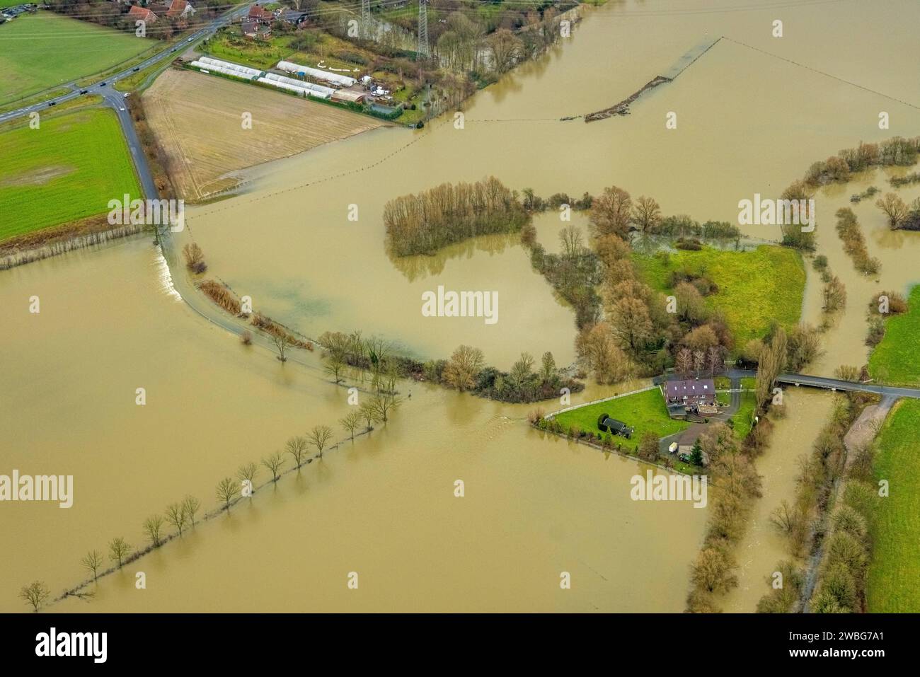 Luftbild vom Hochwasser der Lippe, Weihnachtshochwasser 2023, Fluss ...