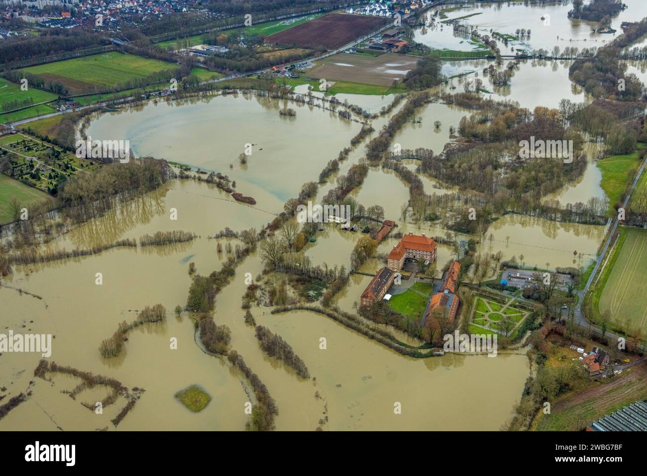Luftbild vom Hochwasser der Lippe, Weihnachtshochwasser 2023, Fluss ...