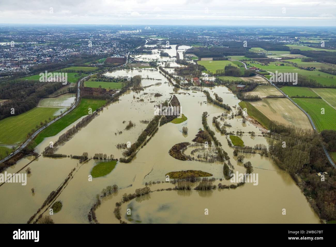 Luftbild vom Hochwasser der Lippe, Weihnachtshochwasser 2023, Fluss ...