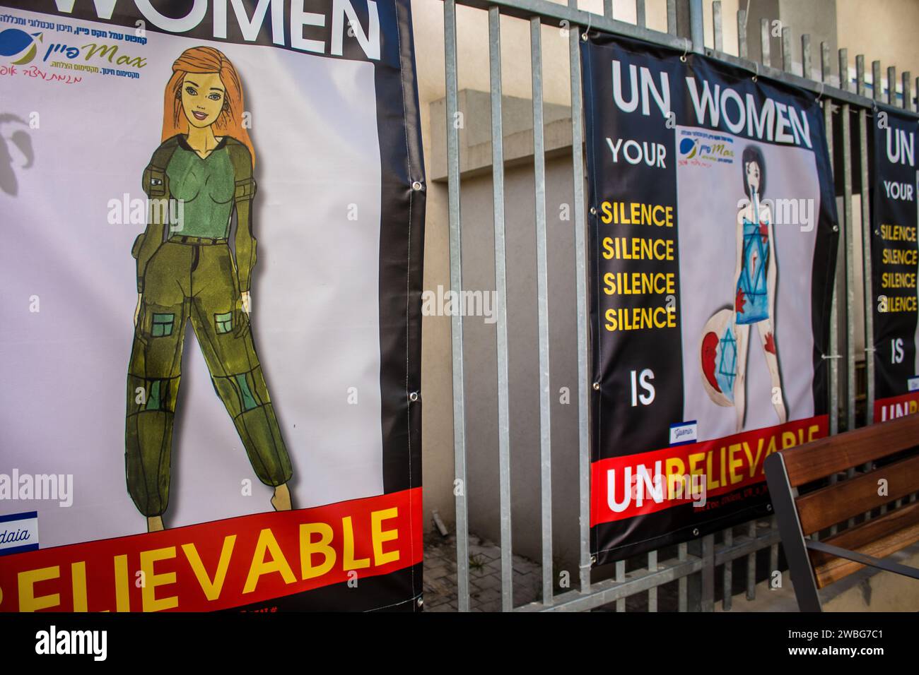 Tel Aviv, Israel - January 10, 2024 Anti-UN posters with the message of ...