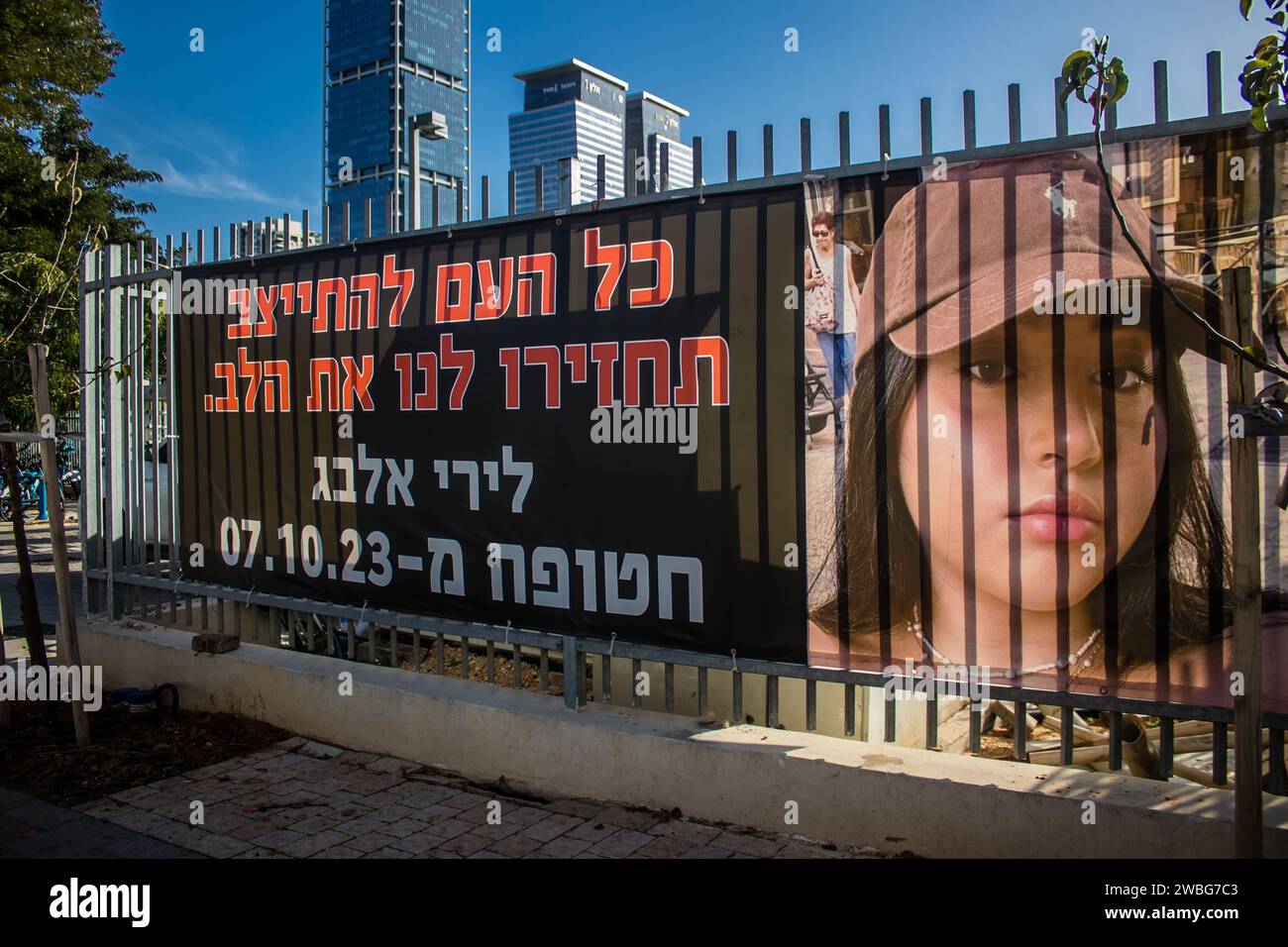 Tel Aviv, Israel - January 10, 2024 Posters of the face of the hostages ...