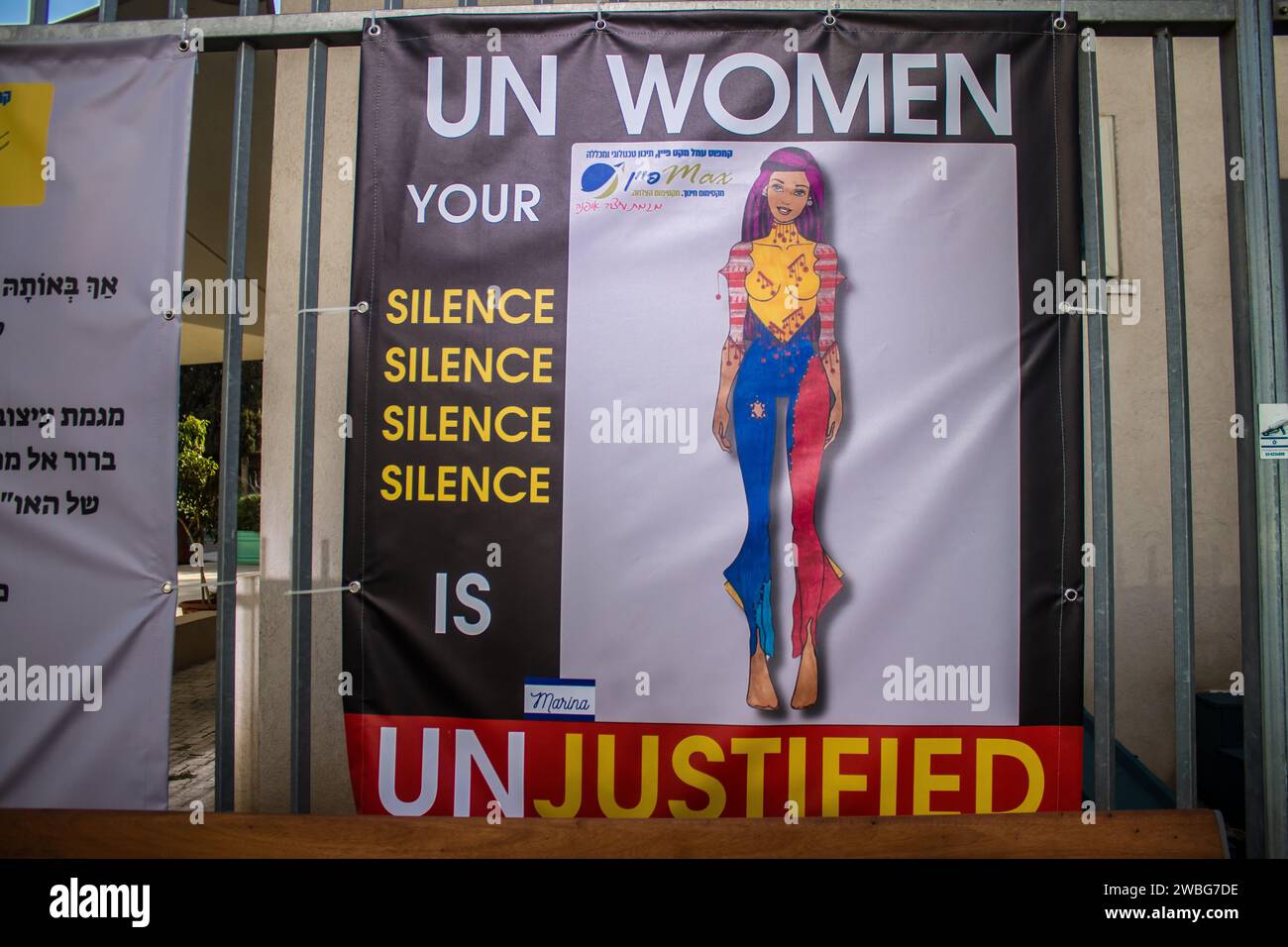 Tel Aviv, Israel - January 10, 2024 Anti-UN posters with the message of ...