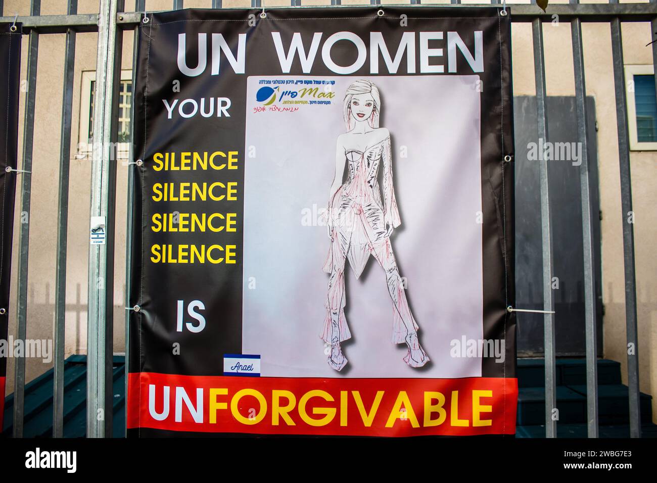 Tel Aviv, Israel - January 10, 2024 Anti-UN posters with the message of ...