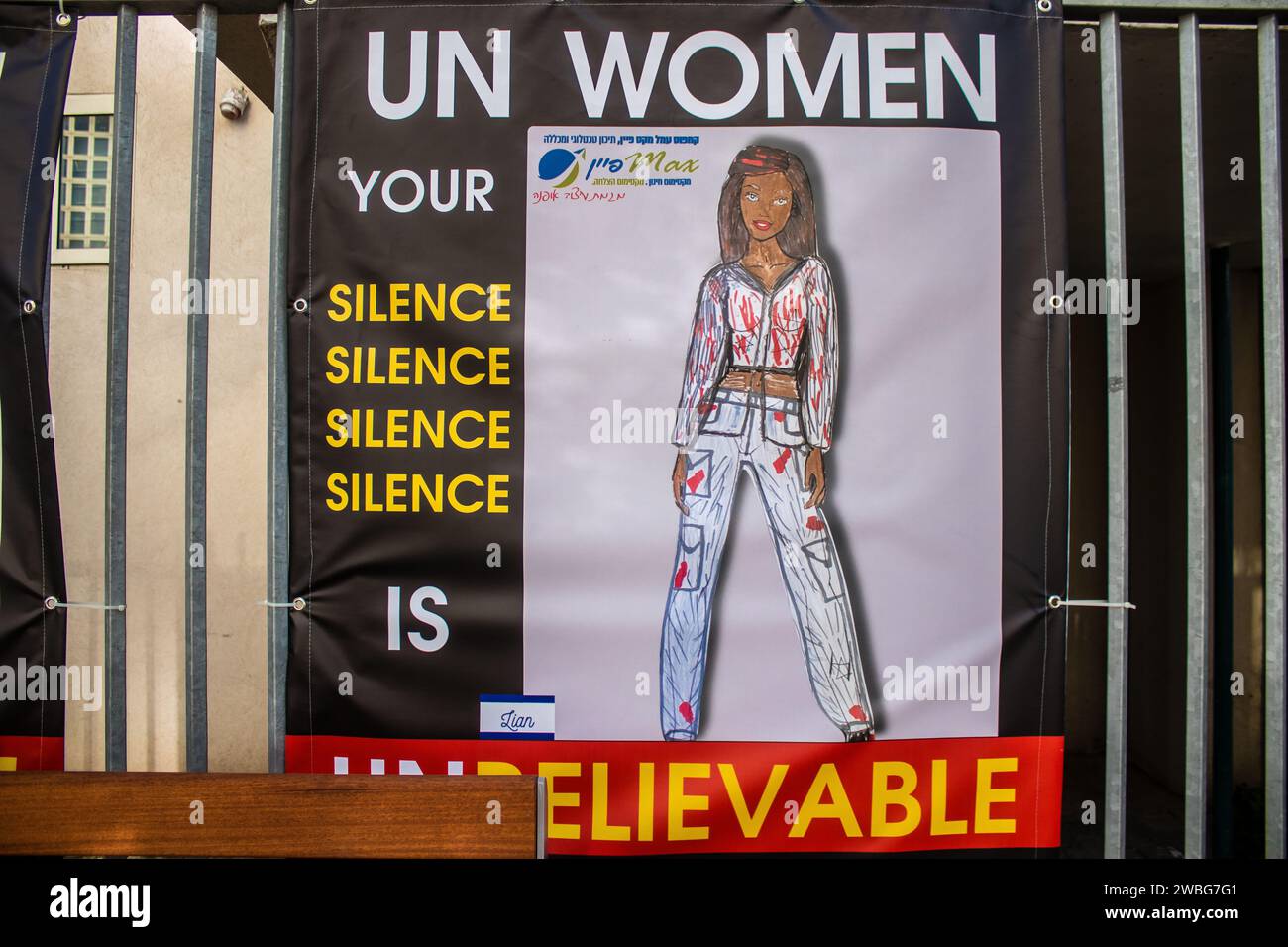 Tel Aviv, Israel - January 10, 2024 Anti-UN posters with the message of ...
