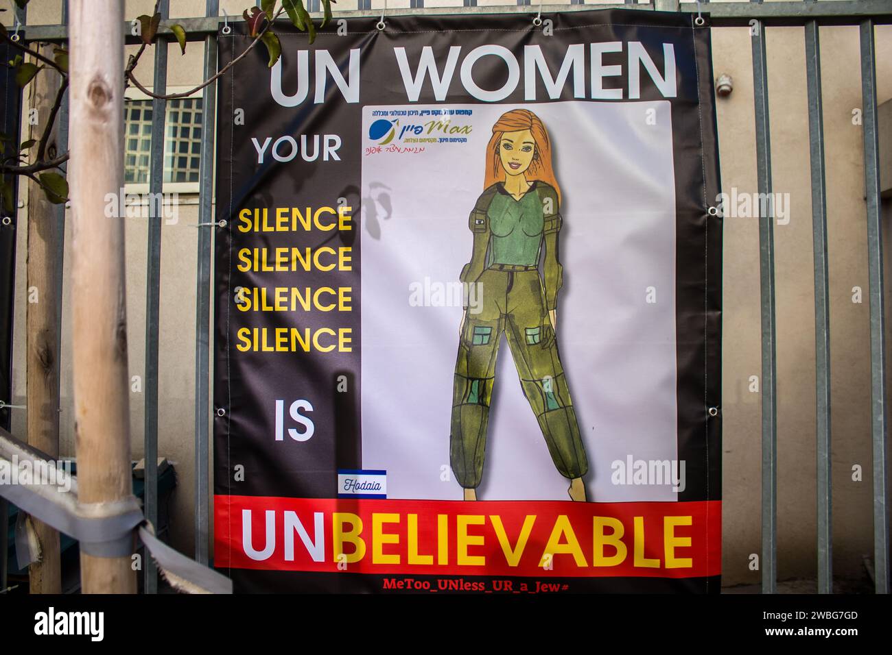 Tel Aviv, Israel - January 10, 2024 Anti-UN posters with the message of ...