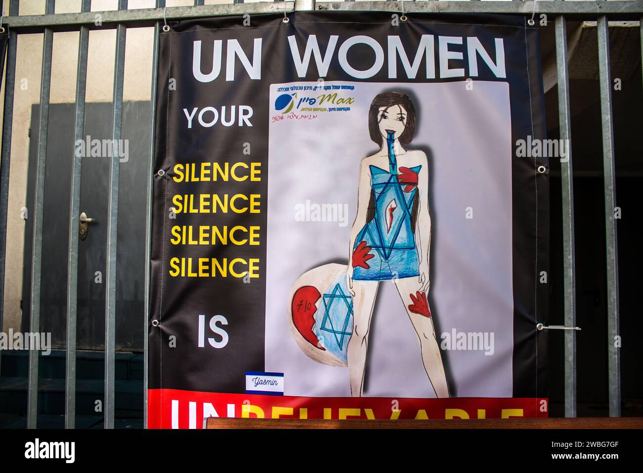 Tel Aviv, Israel - January 10, 2024 Anti-UN posters with the message of ...