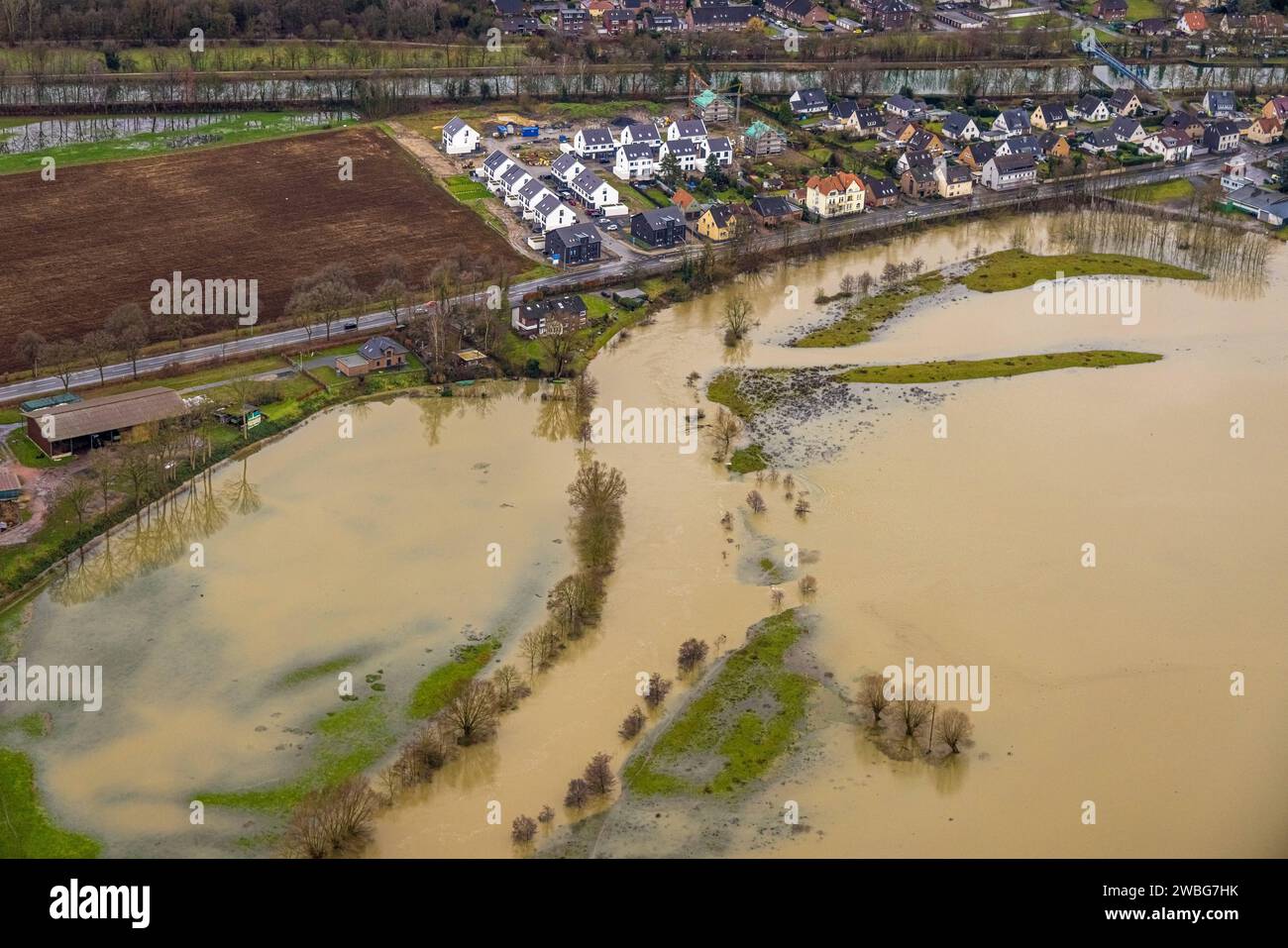 Luftbild vom Hochwasser der Lippe, Weihnachtshochwasser 2023, Fluss ...