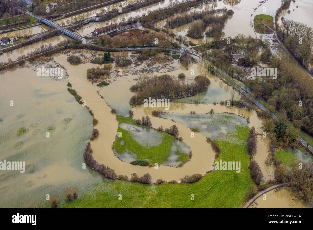 Luftbild vom Hochwasser der Lippe, Weihnachtshochwasser 2023, Fluss ...