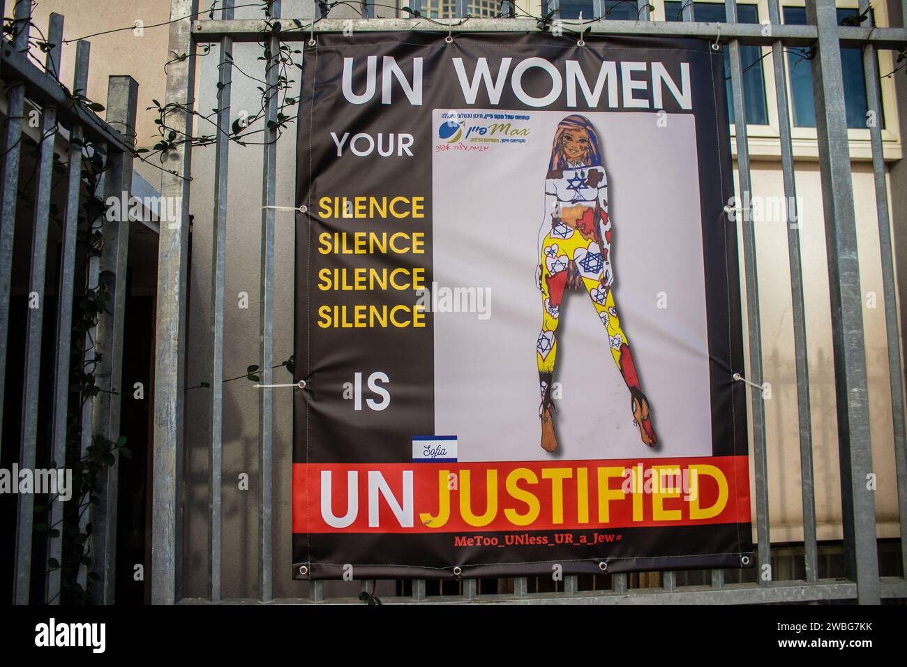 Tel Aviv, Israel - January 10, 2024 Anti-UN posters with the message of ...