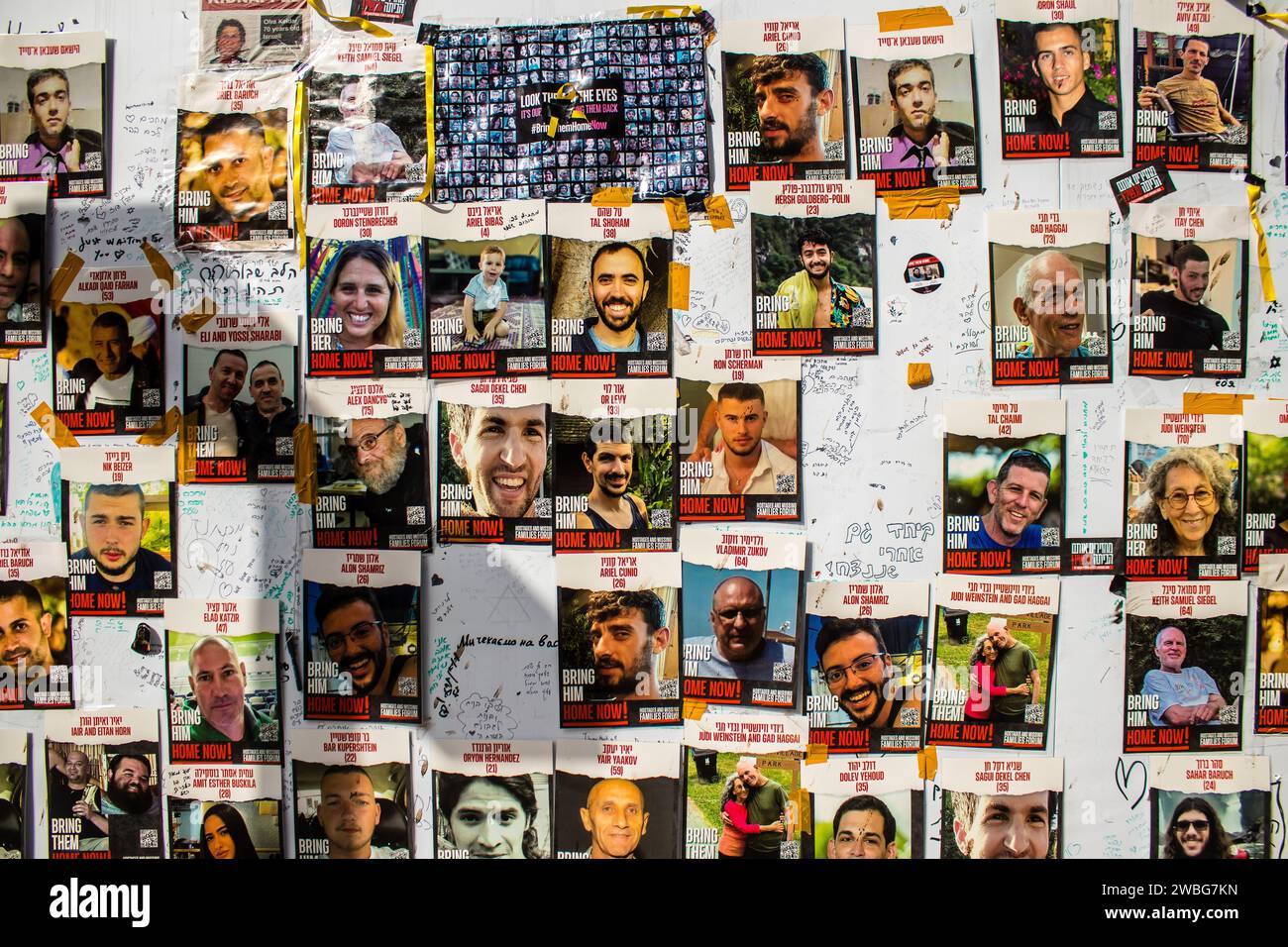 Tel Aviv, Israel - January 10, 2024 Posters of the face of the hostages ...