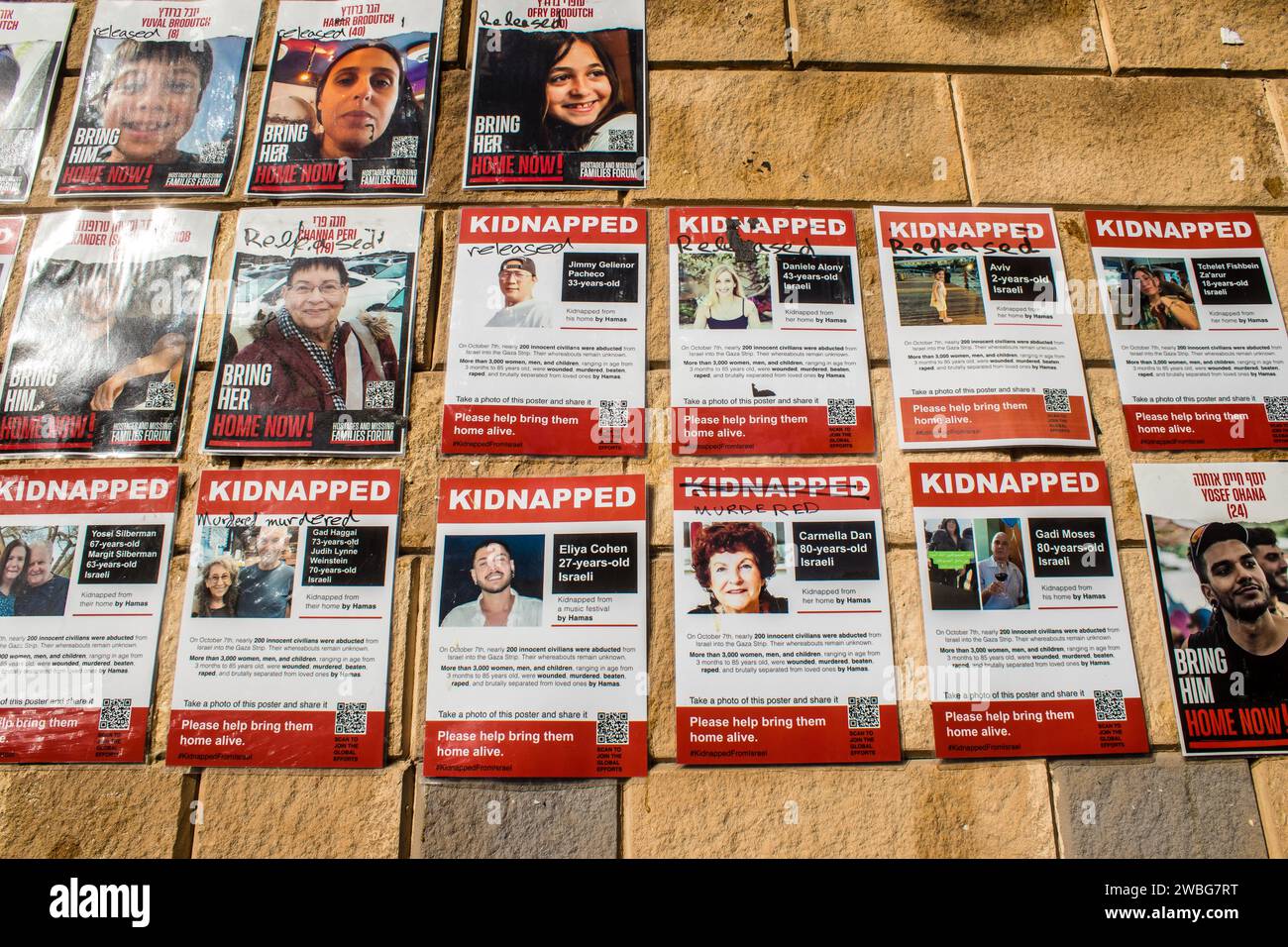 Tel Aviv, Israel - January 10, 2024 Posters of the face of the hostages ...