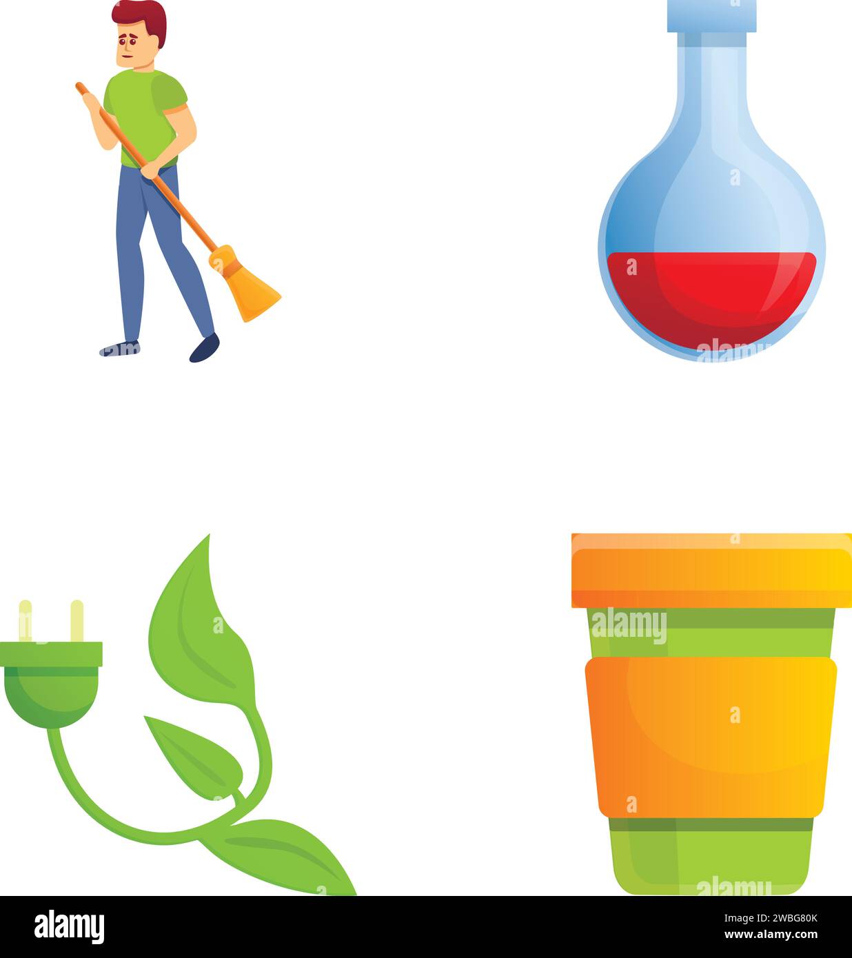 Ecology icons set cartoon vector. Man with broom, plant and laboratory ...