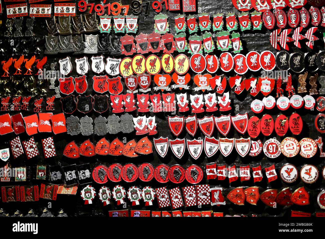 Liverpool, UK. 10th Jan, 2024. A detailed view of Club badges being ...