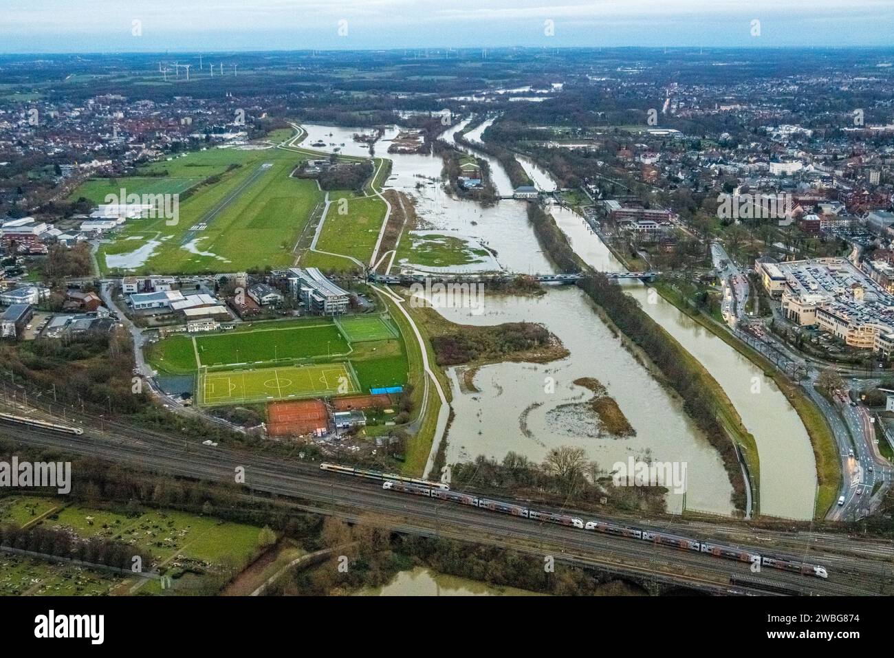 Luftbild vom Hochwasser der Lippe, Weihnachtshochwasser 2023, Fluss ...