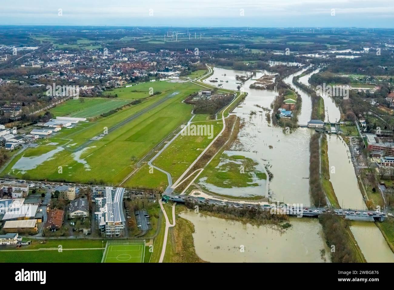 Luftbild vom Hochwasser der Lippe, Weihnachtshochwasser 2023, Fluss ...