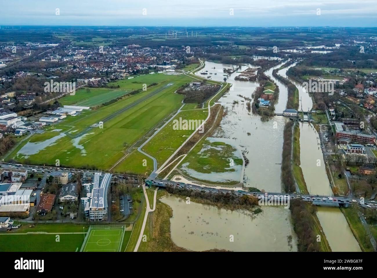 Luftbild vom Hochwasser der Lippe, Weihnachtshochwasser 2023, Fluss ...